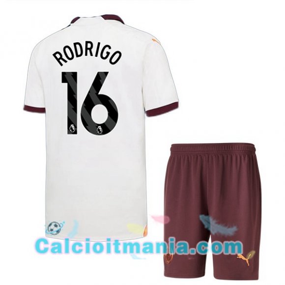 Maglia Calcio Manchester City (Rodrigo 16) Bambino Seconda Bianco 2023 ...